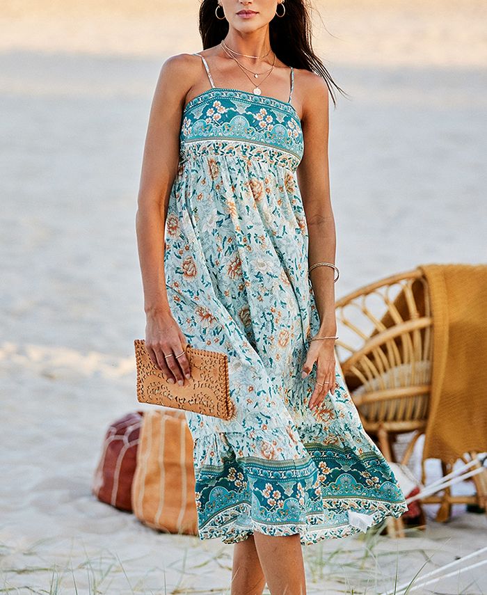 CUPSHE Women's Teal & Blue Square Neck Boho Maxi Beach Dress - Macy's