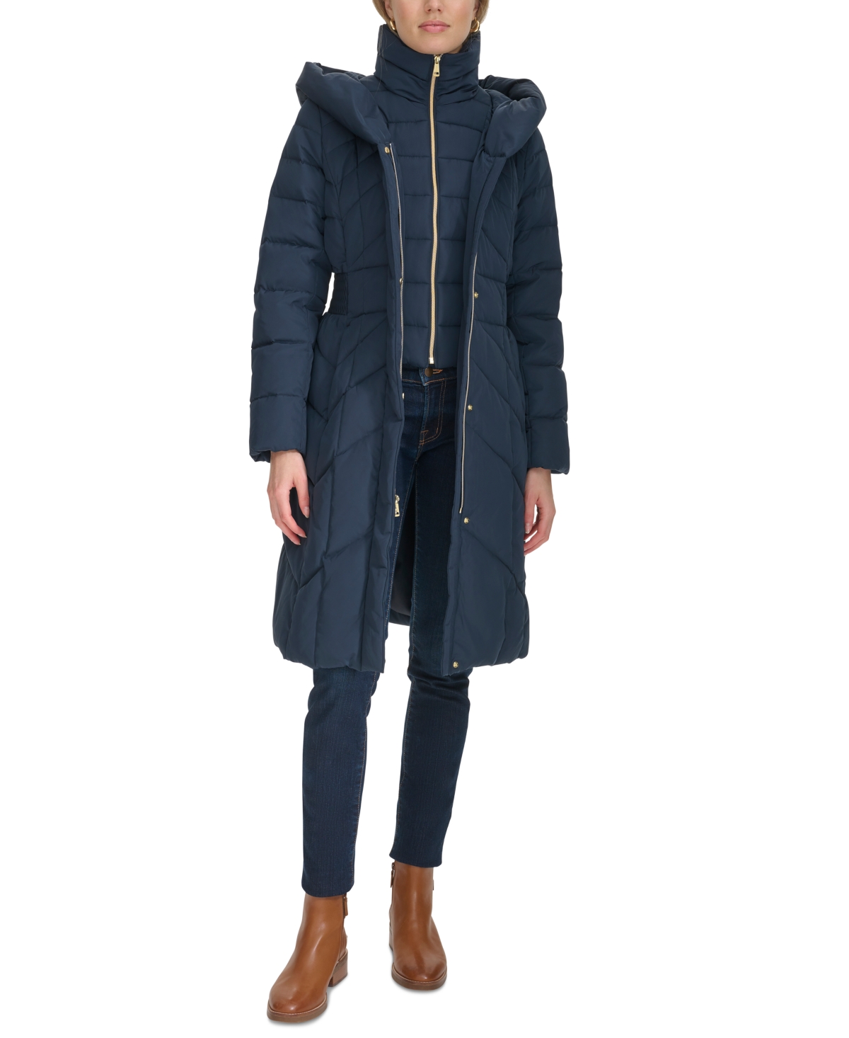 Click here for Cole Haan Womens Bibbed Hooded Puffer Coat - Navy prices