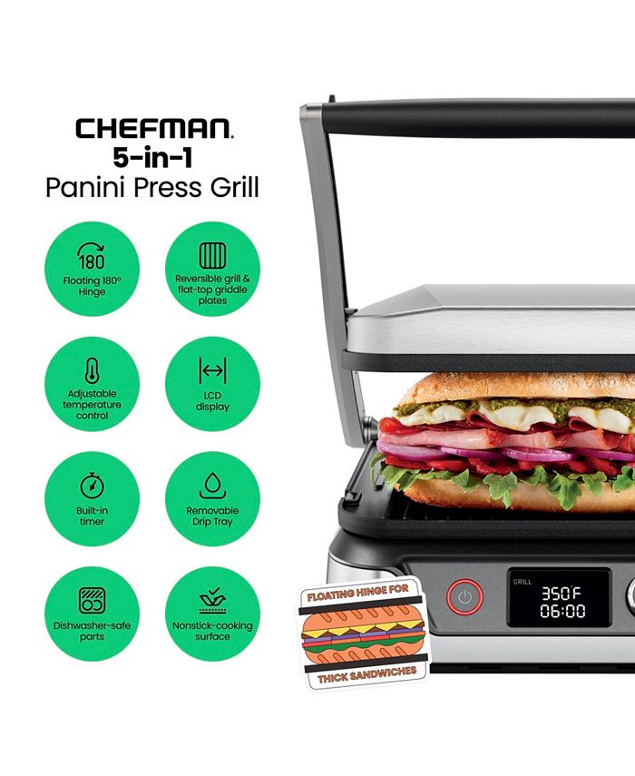 Chefman 5 in 1 Panini Press Grill w/ Reversable Non-Stick Plates, Opens ...