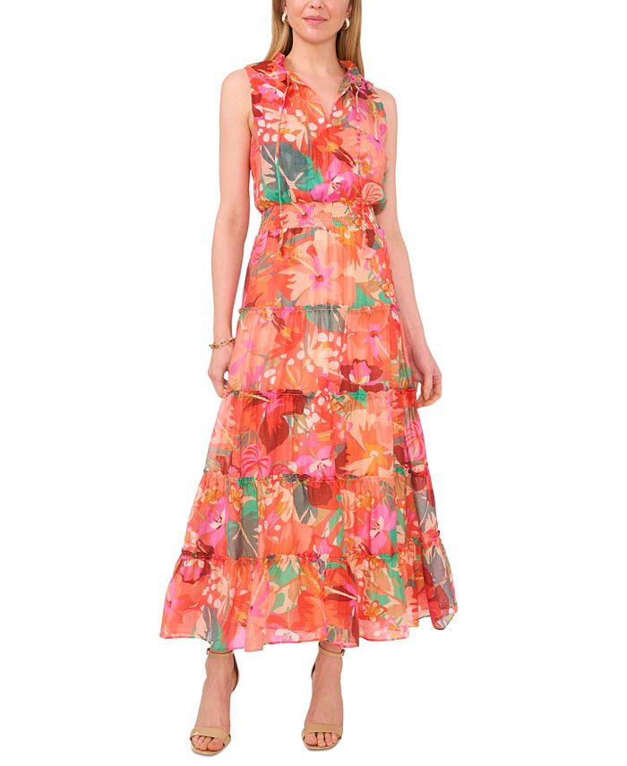 MSK Women's Sleeveless Tie-Neck Tiered Maxi Dress - Macy's