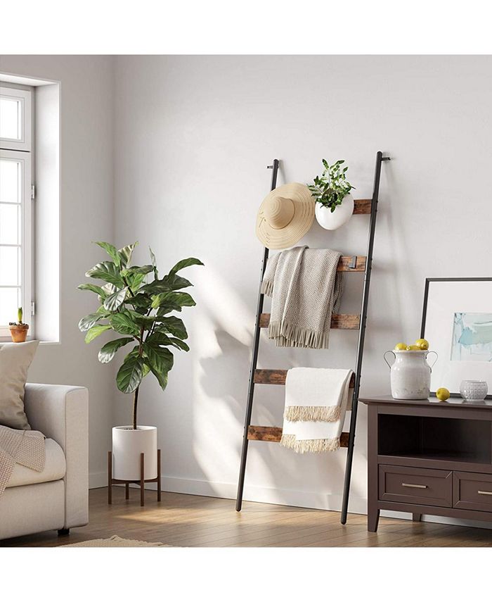 Slickblue 5-Tier Blanket Ladder Shelf, Wall-Leaning Rack with 4 Hooks ...