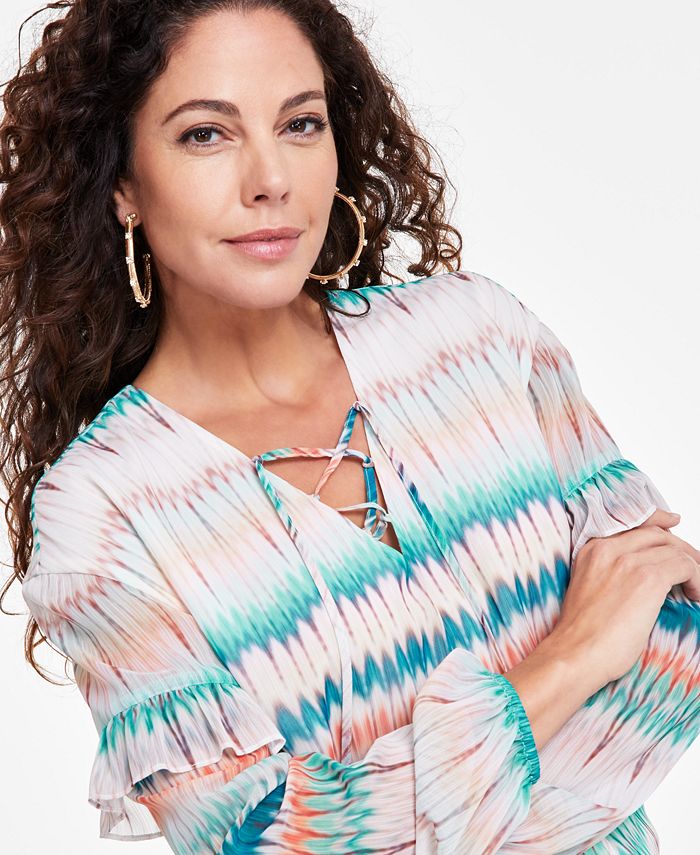 I.N.C. International Concepts Women's Printed Lace-Up Blouse, Created ...