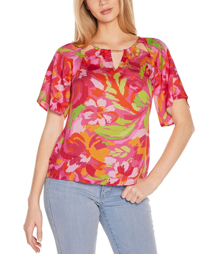 Belldini Women's Abstract Floral Cutout Detail Top - Macy's