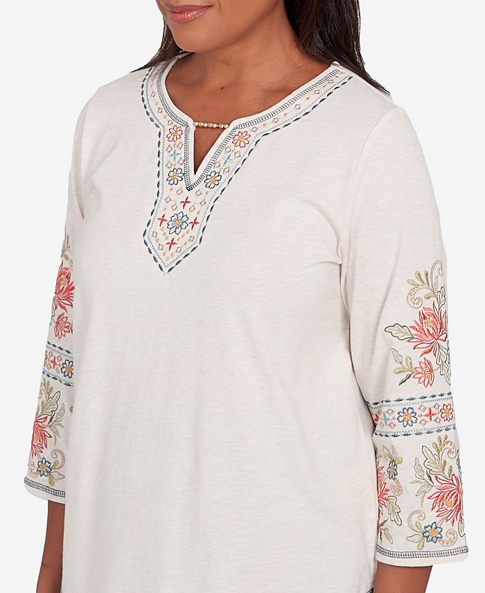 Alfred Dunner Petite Sedona Sky Split Neck Embroidered Top - Macy's