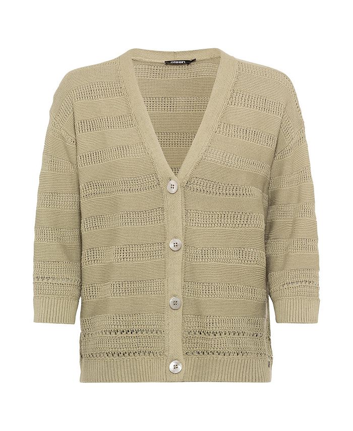 Olsen Women's Cotton Linen Blend 3/4 Sleeve Crochet Stripe Cardigan ...