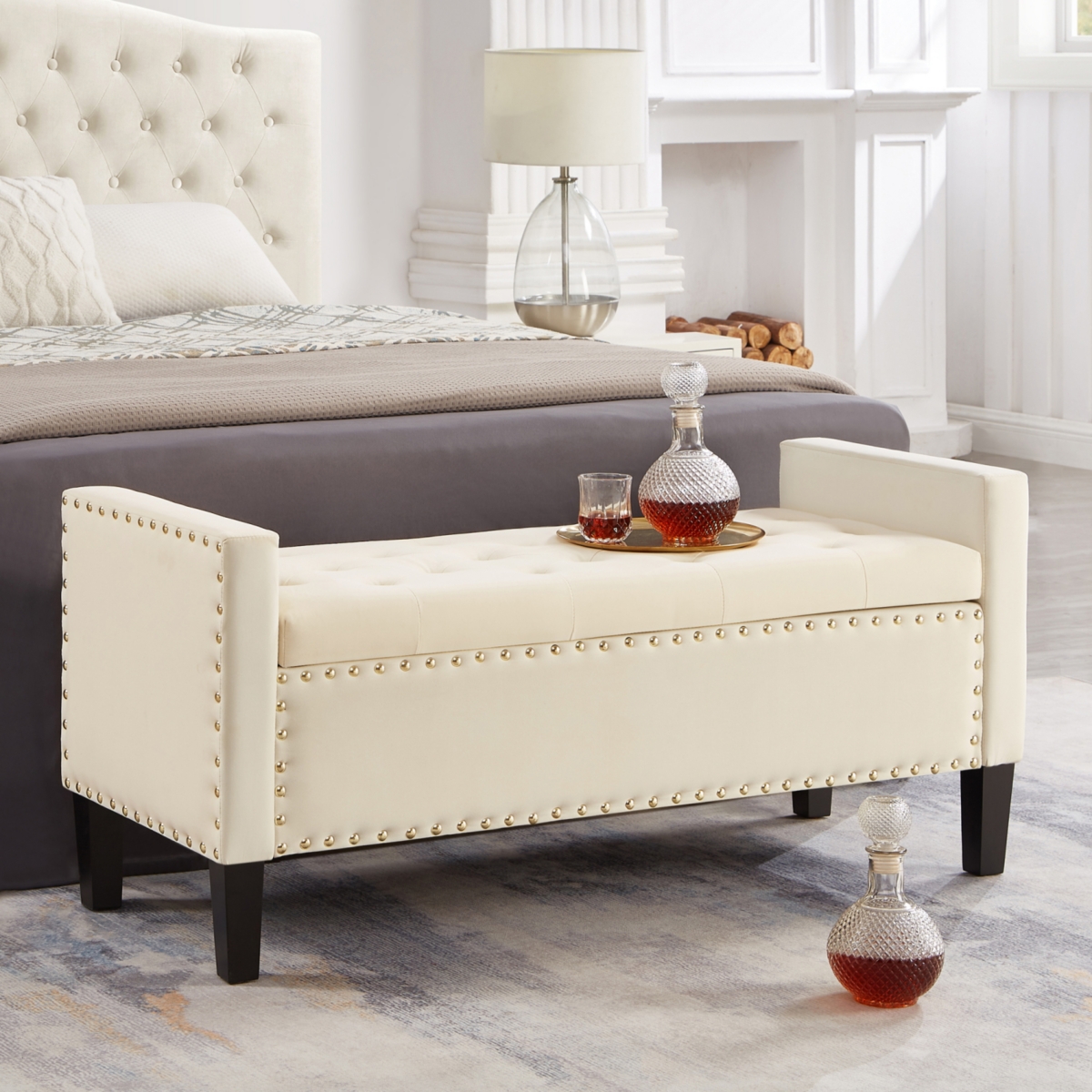 Click here for Streamdale Furniture Cream Upholstered Storage Ben... prices