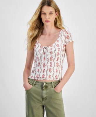 Madden Girl Juniors' Printed Lace Cap Sleeve Top - Macy's