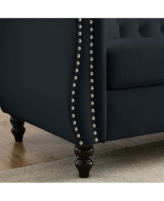 Simplie Fun Black Velvet Chesterfield Sofa with Tufted Couch, Rolled Arms, Nailhead, 3 Seater, 2 ...