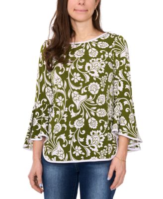 Sam & Jess Petite Bell-Sleeve Contrast-Trim Printed Knit Top - Macy's