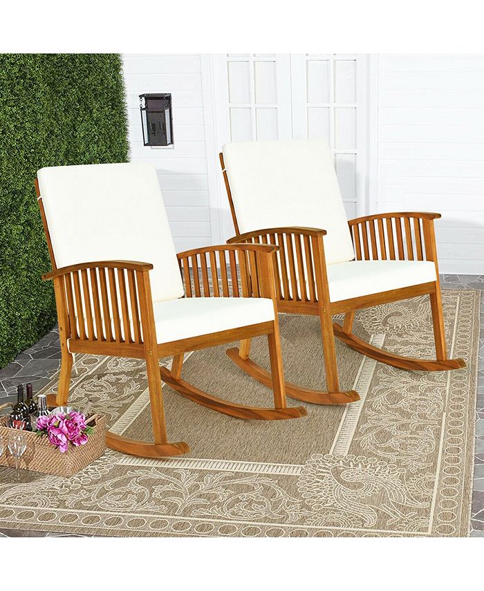 Gymax 3PCS Patio Rocking Chair Set Round Table Solid Wood Cushioned ...