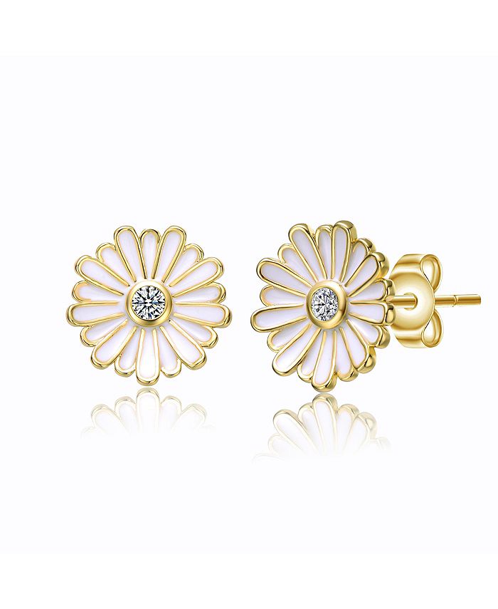 GiGiGirl Teens 14k Yellow Gold Plated with Cubic Zirconia White Enamel Blooming Daisy Flower ...