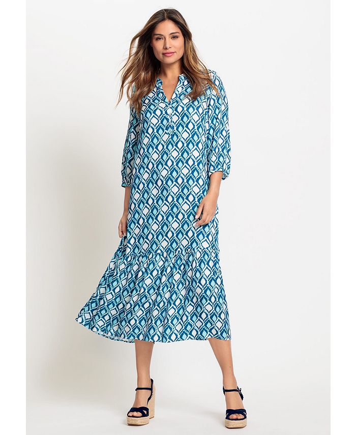 Olsen Women's 3/4 Sleeve Ikat Print Maxi Dress - Macy's