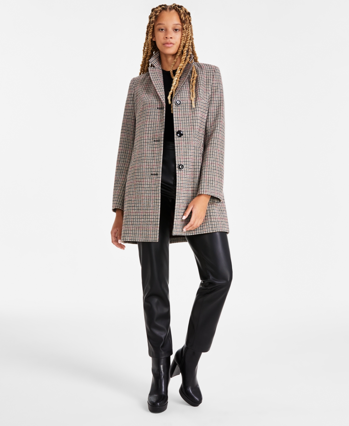 Maralyn & Me Juniors' Houndstooth Long-sleeve Reefer Coat In Wine,camel ...
