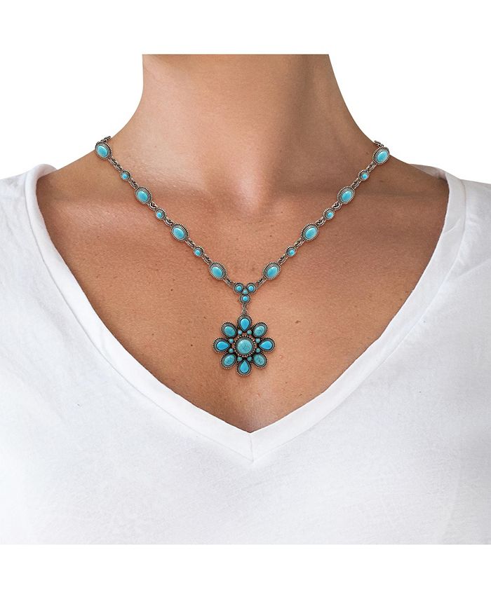 Jessica Simpson Women's Large Turquoise Stone Flower Necklace in Silver ...