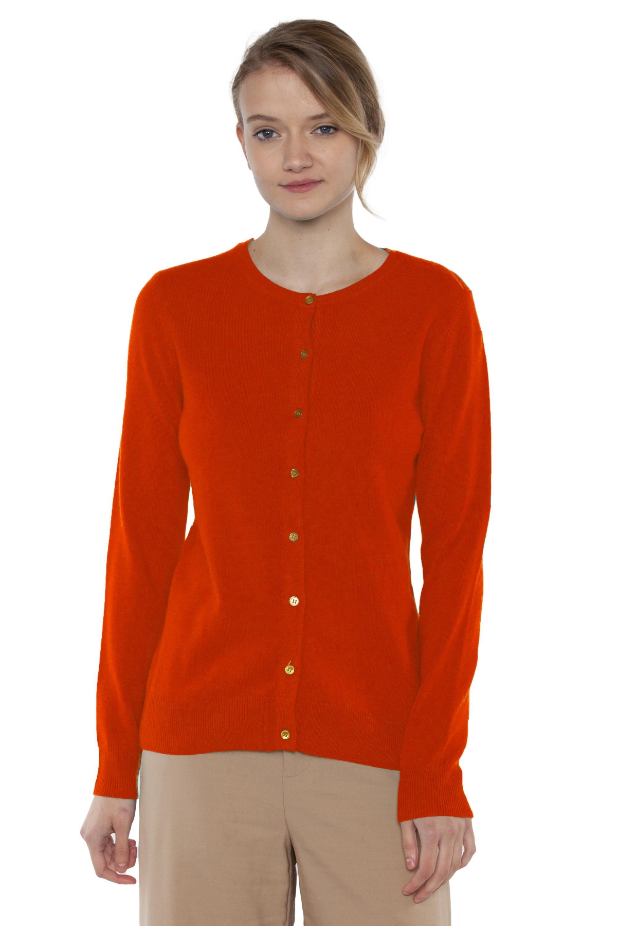 Jennie Liu Womens 100 Cashmere Button Front Long Sleeve Crewneck Cardigan Sweater - Tomato