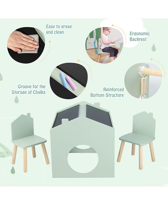 Costway Boys 3 Piece Wooden Table and Chair Set with Blackboard for ...