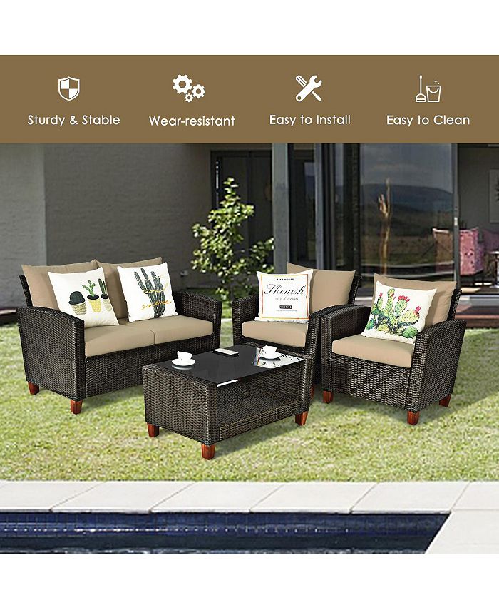 Gymax 4pcs Cushioned Rattan Conversation Set W Coffee Table Patio