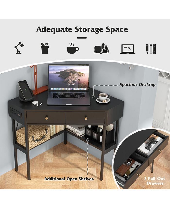 Slickblue Space Saving Corner Computer Desk with 2 Large Drawers and ...