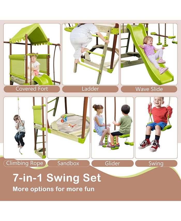 Costway 7-in-1 Swing Set with Covered Fort Height Adjustable Swing ...