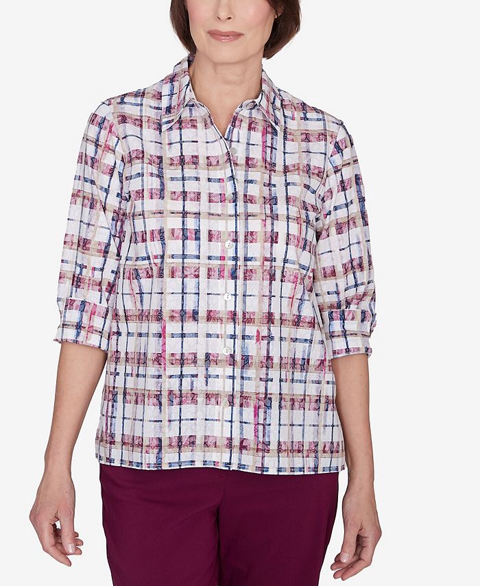Alfred Dunner Classic Plaid Cuffed Sleeve Button Down Top - Macy's