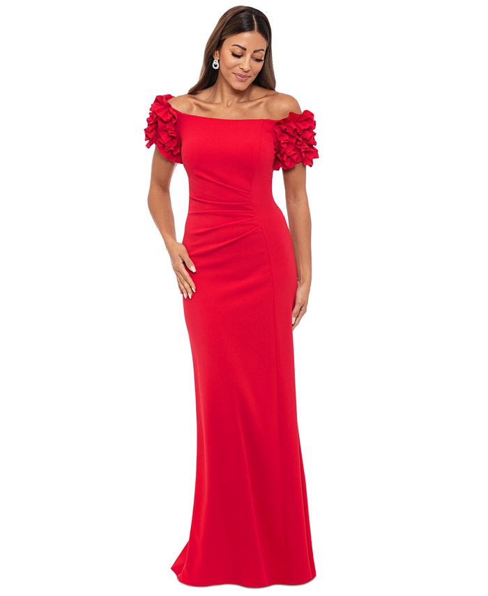 XSCAPE Women's Scuba-Crepe Ruffled Off-The-Shoulder Dress - Macy's