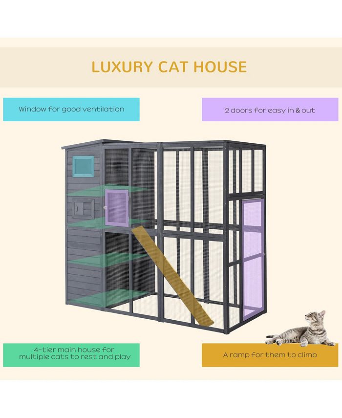 PawHut Cat House Outdoor Catio Kitty Enclosure with Platforms Run ...