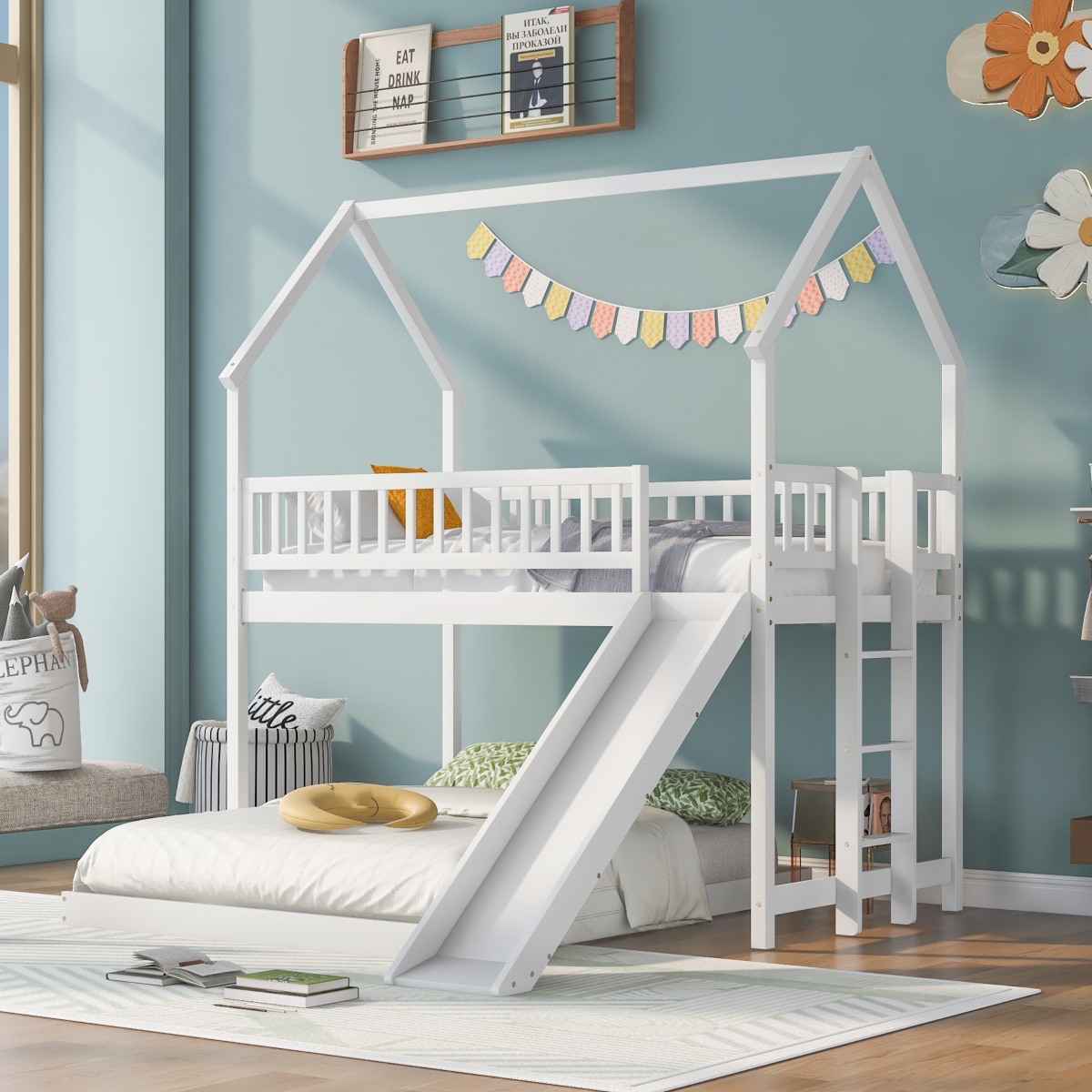 Click here for Twin Over Full House Bunk Bed With Slide And Built... prices