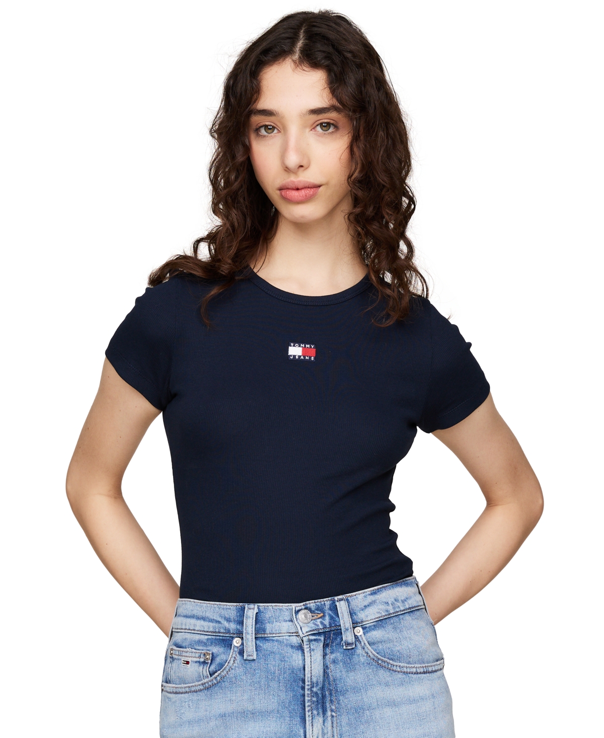 Click here for Tommy Jeans Womens Badge Logo Ribbed T-Shirt - Dar... prices