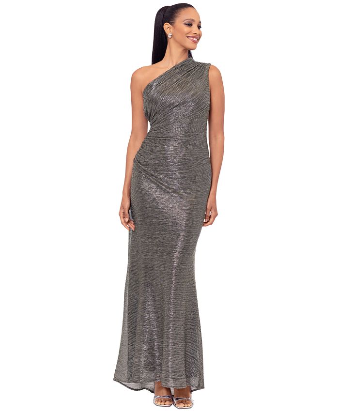 Betsy & Adam Women's Metallic One-Shoulder Sleeveless Gown - Macy's