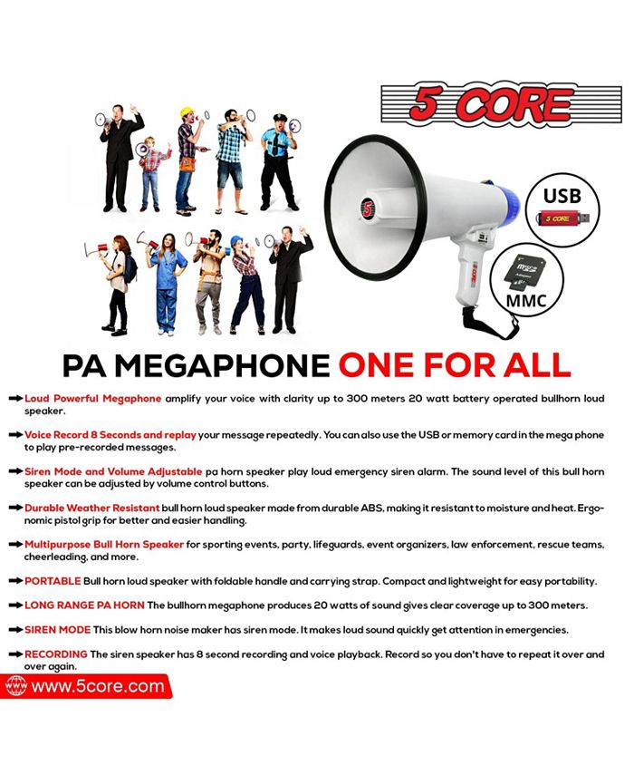 5 Core Megaphone Bullhorn Speaker 20W Bull Horn Battery Power Cheer Megafono 300 Meters Range ...