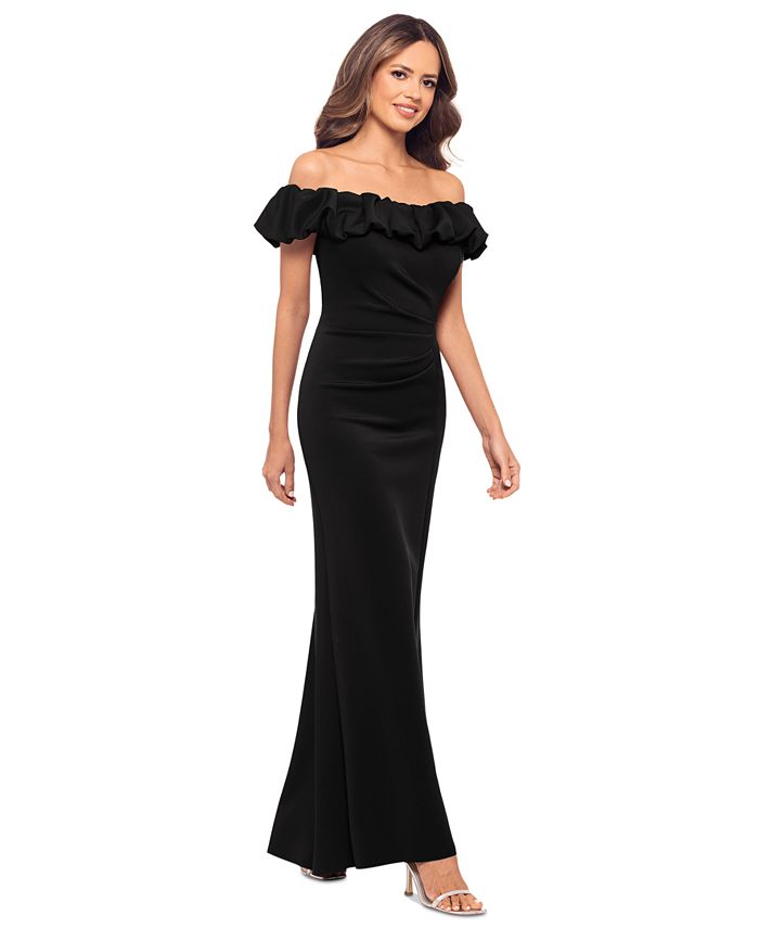 XSCAPE Women's Ruffled Off-The-Shoulder Pleated Gown - Macy's