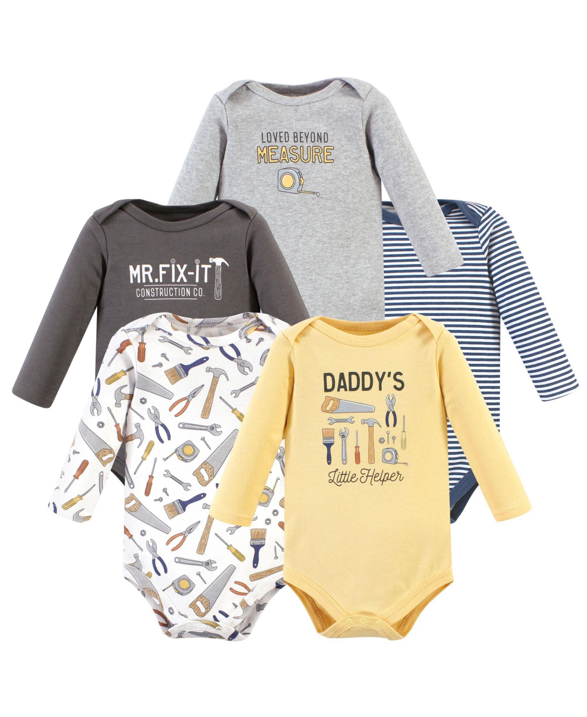 Hudson Baby Baby Boys Hudson Five-Piece Collection of Long-Sleeve Cotton Bodysuits - Construction work 5-pack