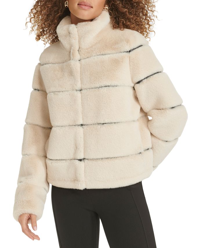 KARL LAGERFELD PARIS Womens Faux-Leather Trim Faux-Fur Short Coat - Macy's