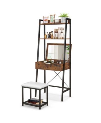 Vanity Table Set Flip Top Mirror Ladder Storage Shelf Cushioned Stool ...