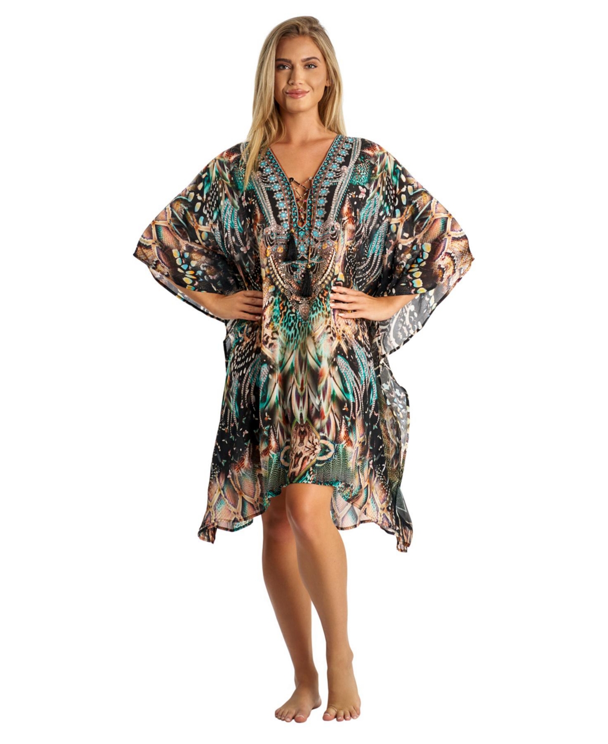La Moda Clothing Womens V-neck Short Kaftan Dress - Black / green