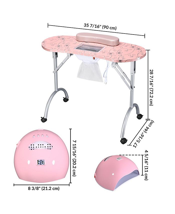 Byootique Manicure Nail Table w/ UV LED Nail Lamp 135W Portable Folding ...