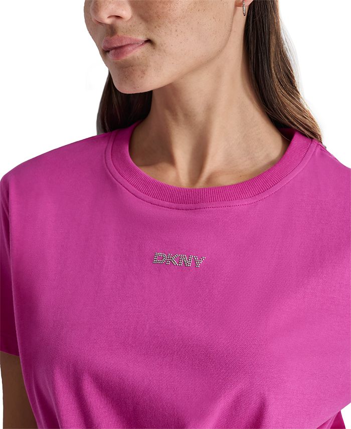DKNY Women's Cotton Stud Logo Knot-Front T-Shirt - Macy's