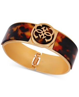 GUESS Gold-Tone Logo & Tortoise-Look Bangle Bracelet - Macy's
