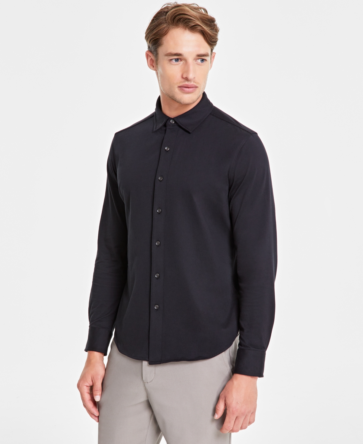 Alfani Mens Classic-Fit Heathered Jersey-Knit Button-Down Shirt  Created for Macys - Deep Black