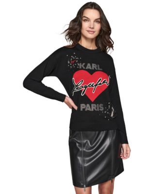 KARL LAGERFELD PARIS Petite Beaded Heart Sweater - Macy's