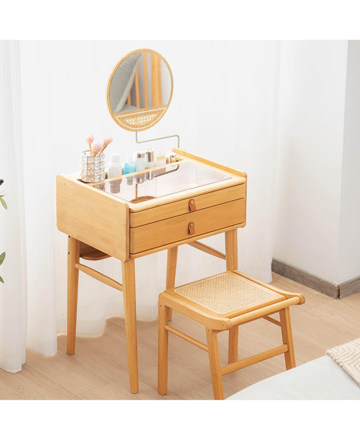 Click here for Sugift Bamboo Makeup Vanity Table with Stool and R... prices