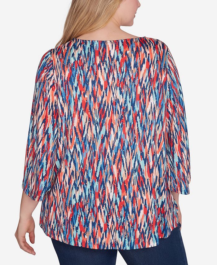Ruby Rd. Plus Size Scoop Neck Ikat Dew Drop Printed Knit Top - Macy's