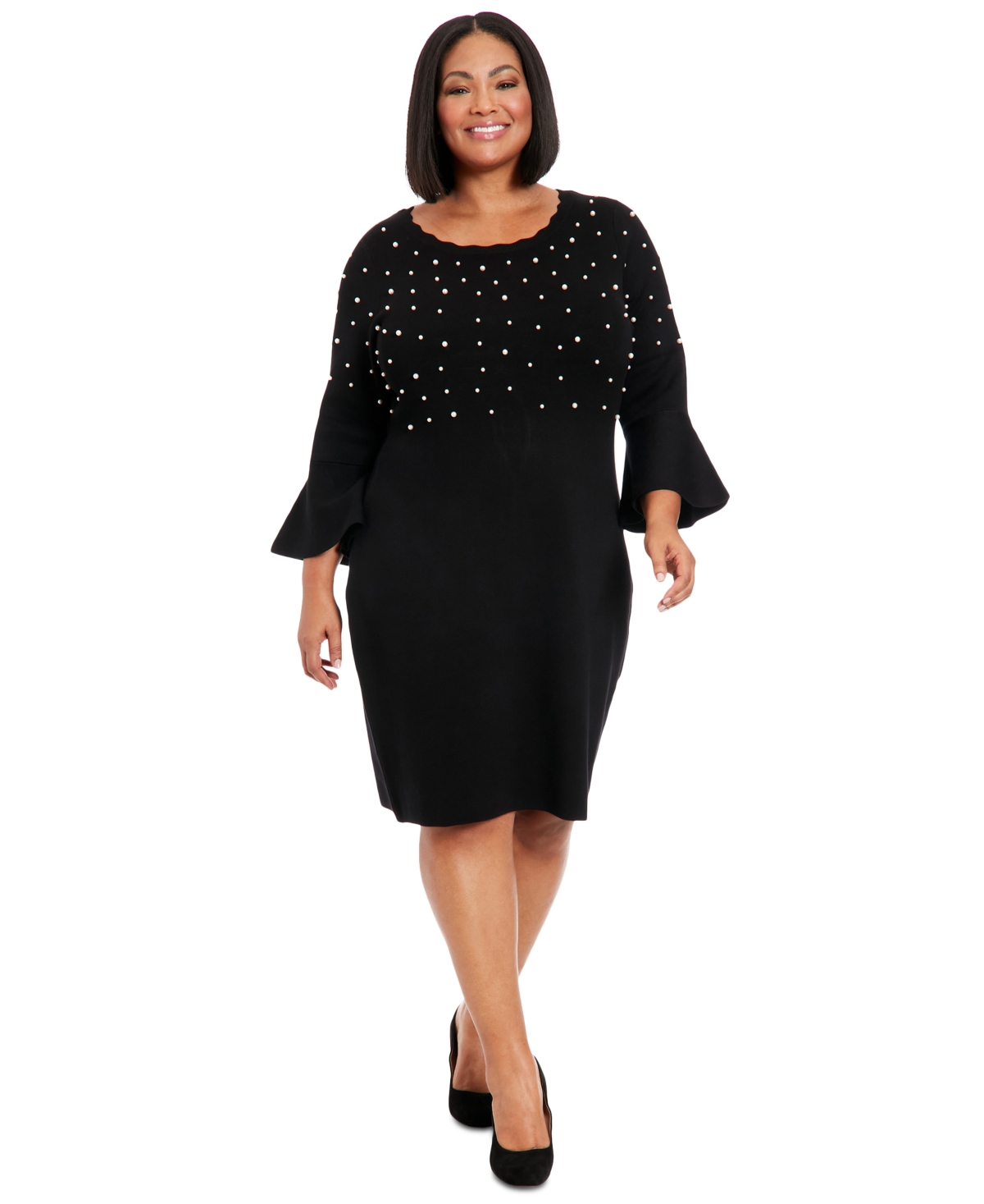 Click here for London Times Plus Size Bell Sleeves Sweater Dress... prices