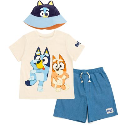 Bluey Toddler Boys T-Shirt Chambray Shorts and Twill Bucket Sun Hat 3 ...