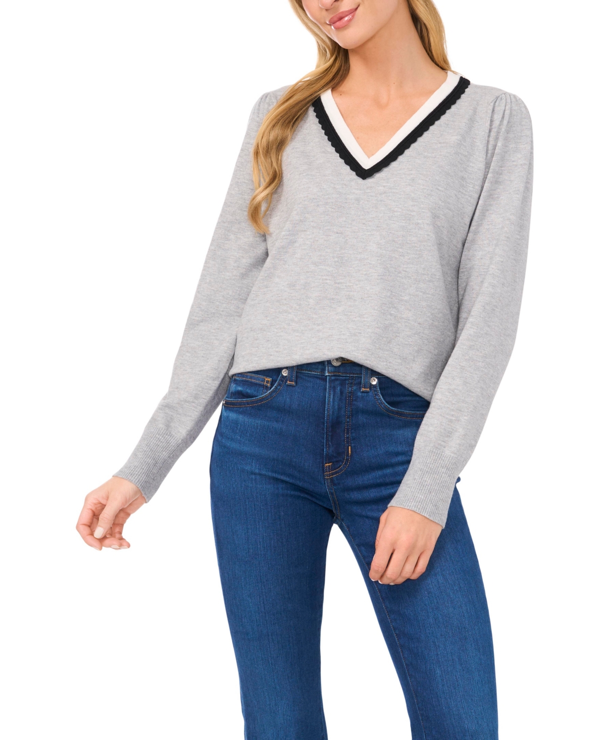 Click here for CeCe Womens Contrast Collar V-Neck Sweater - Light... prices