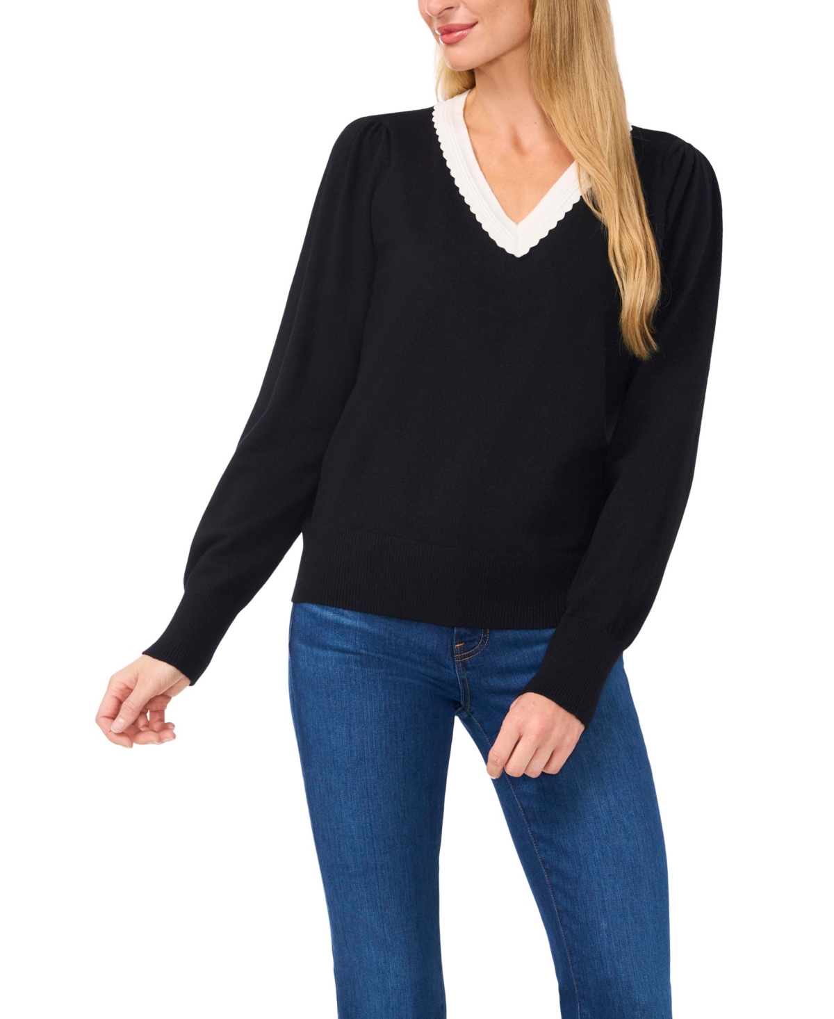 Click here for CeCe Womens Contrast Collar V-Neck Sweater - Rich... prices