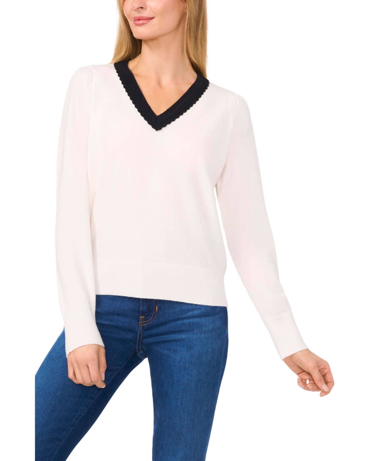 Click here for CeCe Womens Contrast Collar V-Neck Sweater - Antiq... prices