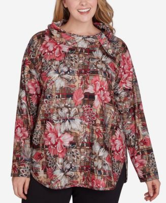 Ruby Rd. Plus Size Cowl Neck Floral Plaid Printed Hatchi Knit Top - Macy's