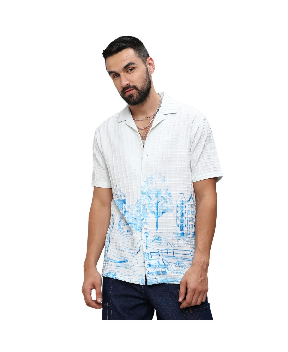 Click here for Mens Chalk White:Azure Blue Landscape Strokes Shir... prices