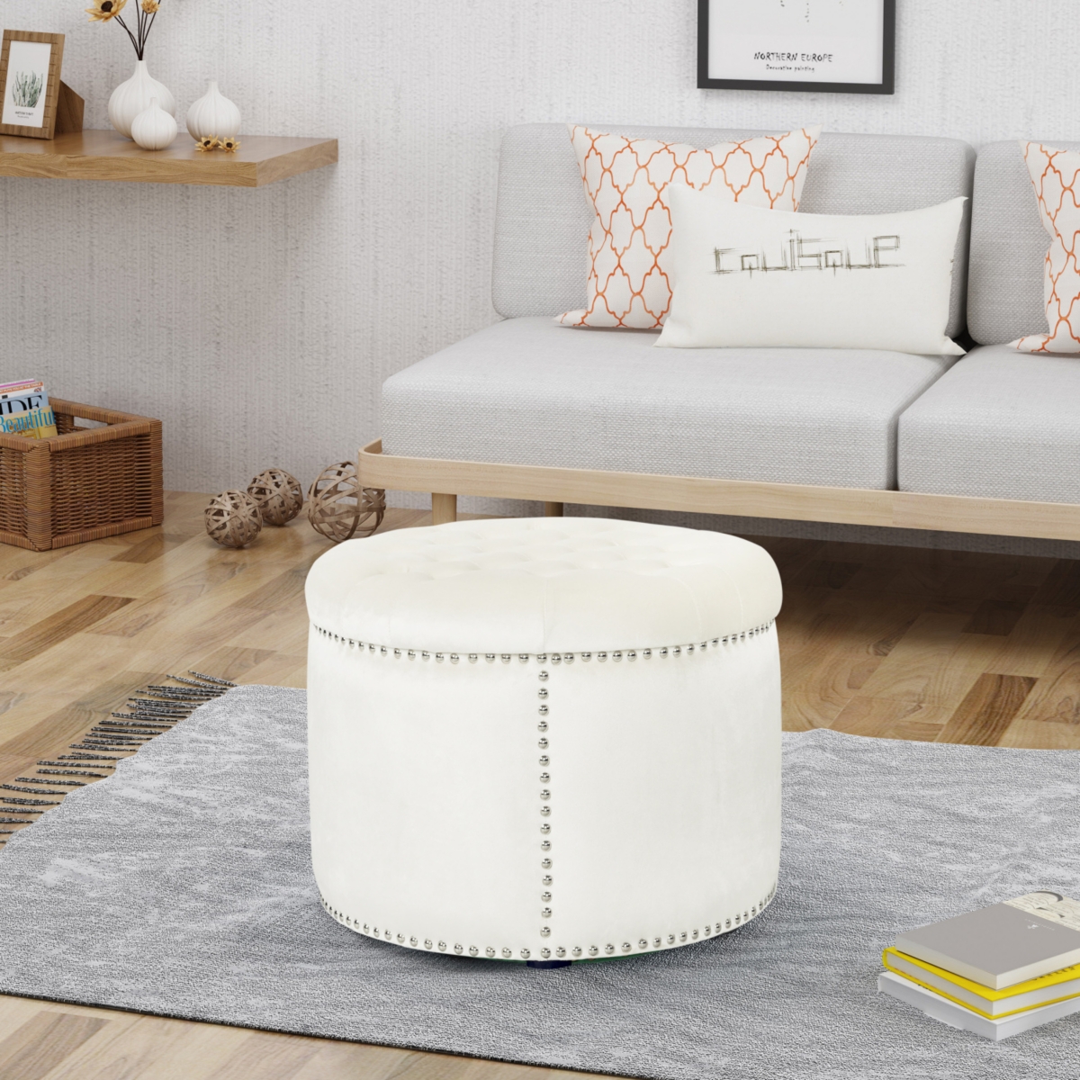 Click here for Streamdale Luxurious Velvet Ottoman with Studded R... prices